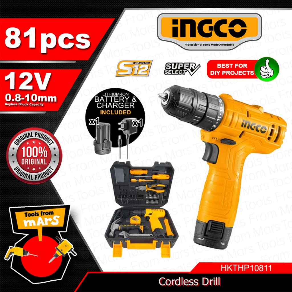 INGCO 81PCS DIY Household Tools Set with Cordless Drill 12V SUPER ...