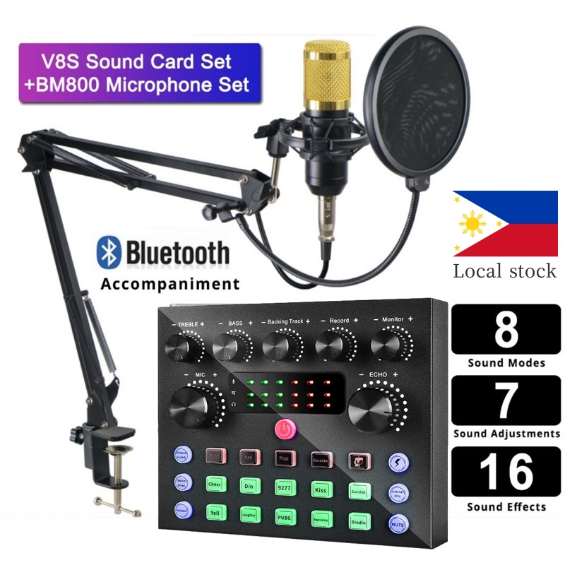 KOORFLY V8S Live Sound Card Set With BM800 Mic Audio Mixer Streaming Bluetooth Sound Mixer ...
