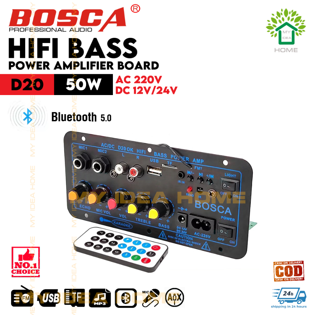 Bosca 50W HIFI Bass Power Amplifier Board AC220V DC12V/24V Dual Mic Car ...