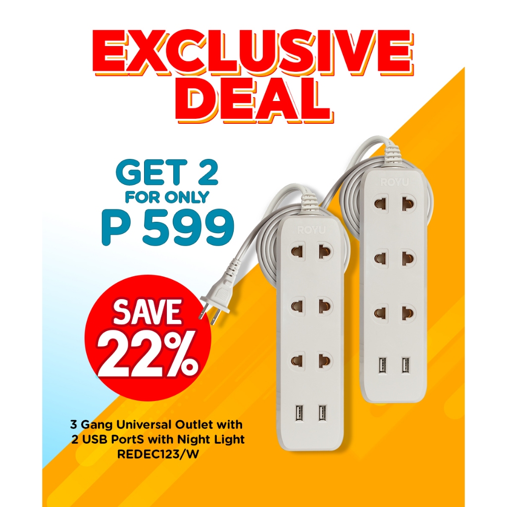 Royu 3 Gang Universal Extension Cord with 2 USB ports Bundle for only ...