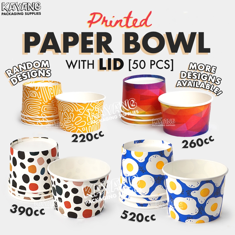 [50pcs] Paper Bowl | Printed | with Lid SET | 220cc, 260cc, 390cc ...