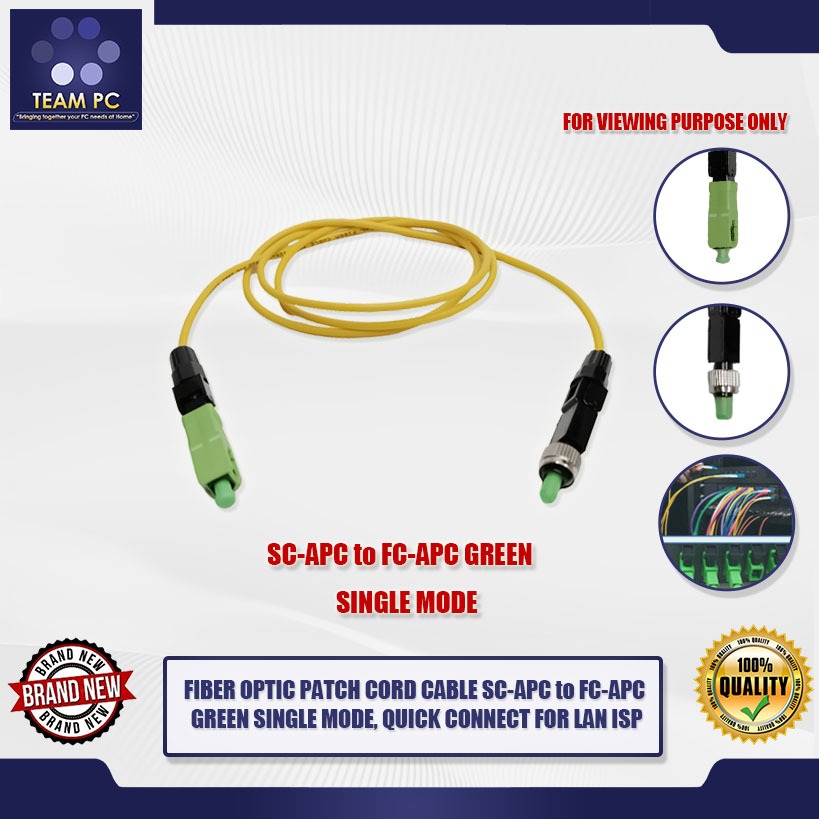 TEAM PC FIBER OPTIC PATCH CORD CABLE SC-APC to FC-APC GREEN SINGLE MODE, QUICK CONNECT FOR LAN ...