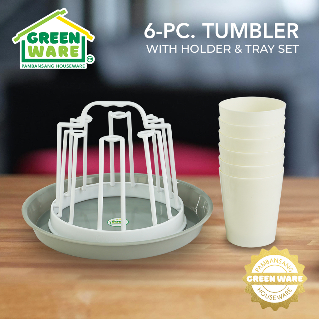 GREENWARE 6 pcs Cups with Glass Holder and Round Tray Set | Shopee ...