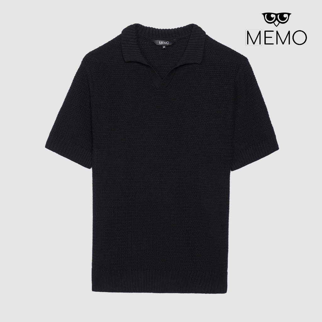 Memo Flat Knit Textured V-Neck Polo For Men (Black) | Shopee Philippines