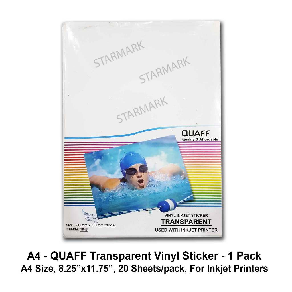 Quaff Transparent Clear Vinyl Sticker Inkjet Printable - A4 Size 20 Sheets/pack - 1 Pack ...