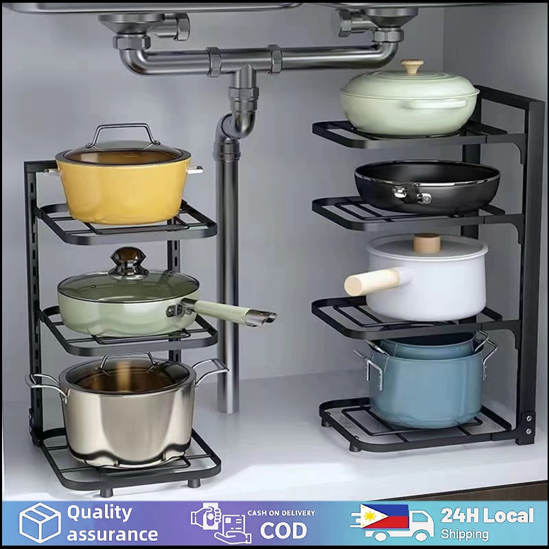 Kitchen Pan Organizer Pot Rack Adjustable Under Sink Countertop ...