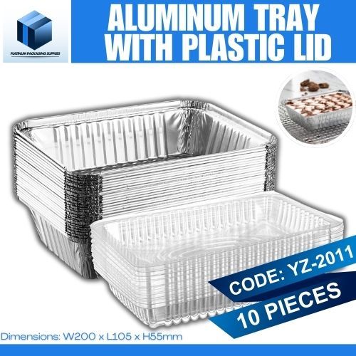 10PCS Aluminum Foil Food Tray Container with Plastic Lid | W200 x L105 ...