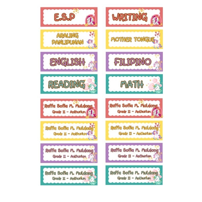 Name Stickers Subject labels Unicorn Personalized Customized Waterproof ...