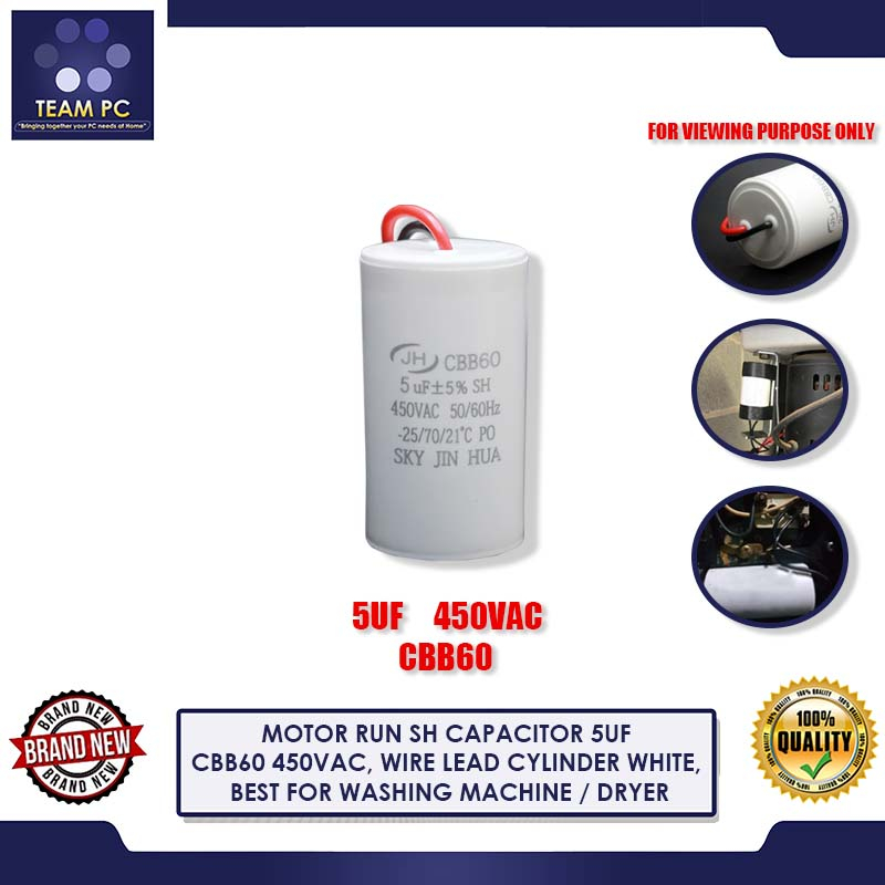 MOTOR RUN SH CAPACITOR 5UF CBB60 450VAC, WIRE LEAD CYLINDER WHITE, BEST ...