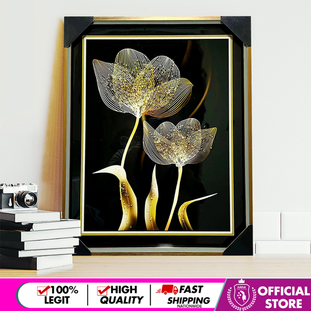 Mini Home 43x53cm Luxury Right Flower Decorative Wall Frame With 3D Crystal Painting Golden ...