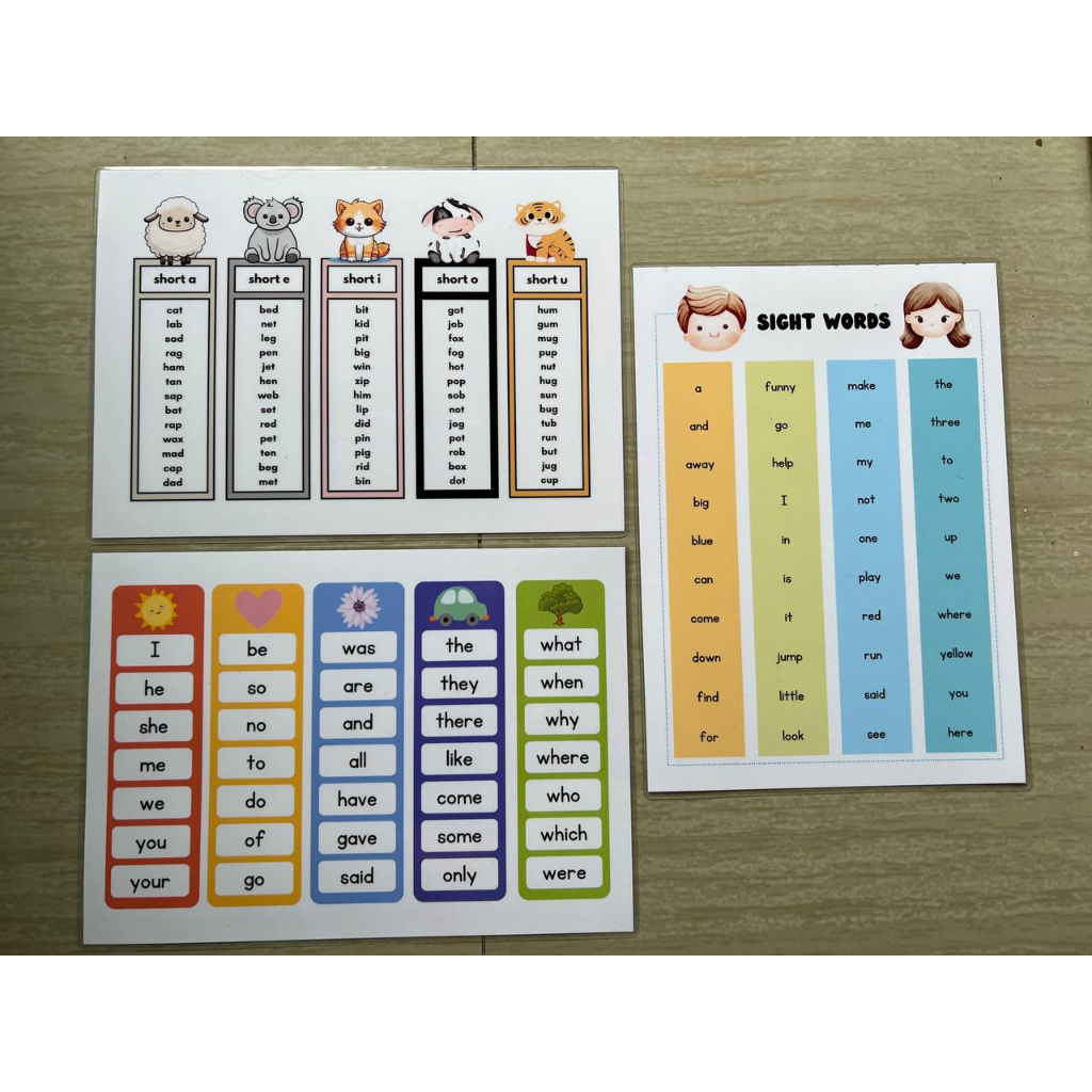 Educational learning materials for kids Laminated A4 Size Chart SIGHT WORDS PRONOUNS VOWELS ...