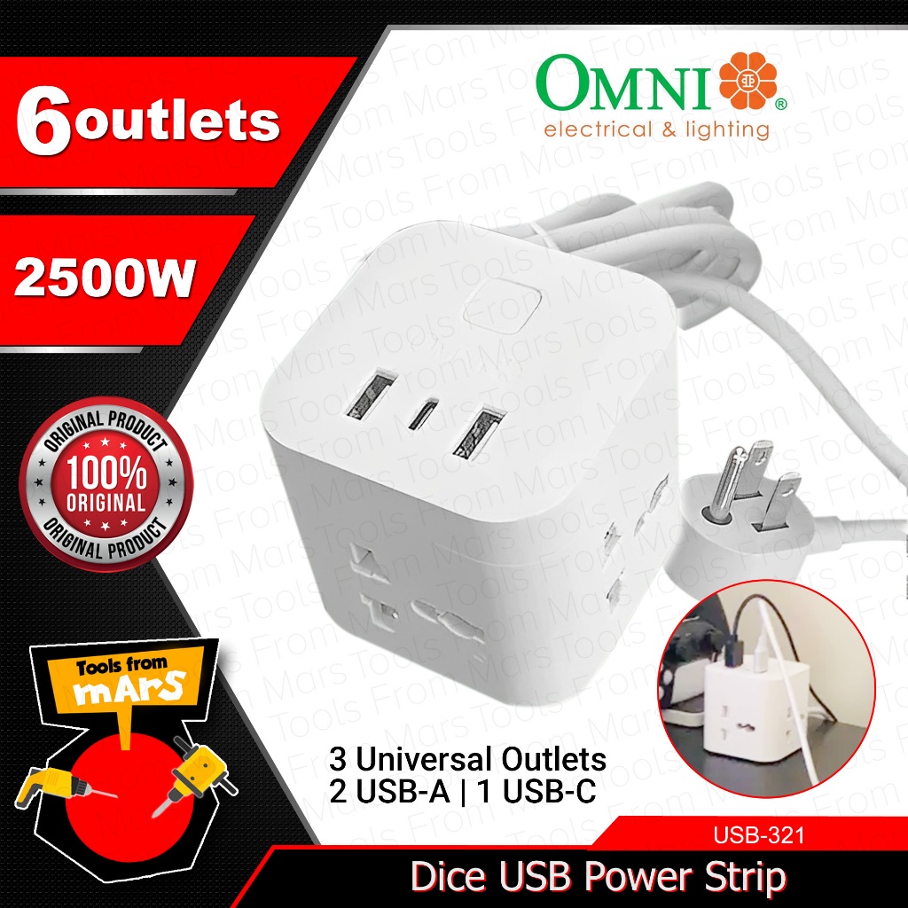 Omni Cube Extension Cord Dice USB Power Strip 6 Outlet Heavy Duty ...