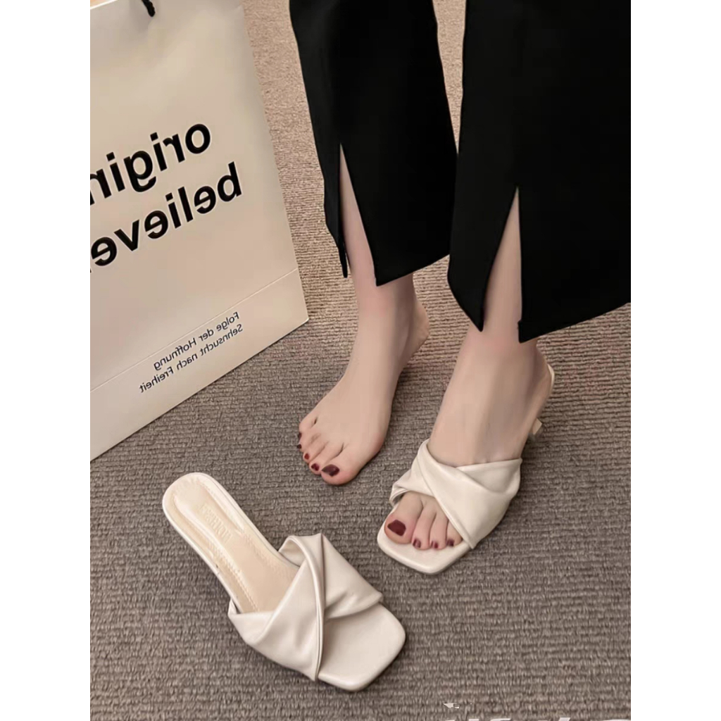 (+1 SIZE) 2 inch square toe simple two strap slide stiletto heels for ...