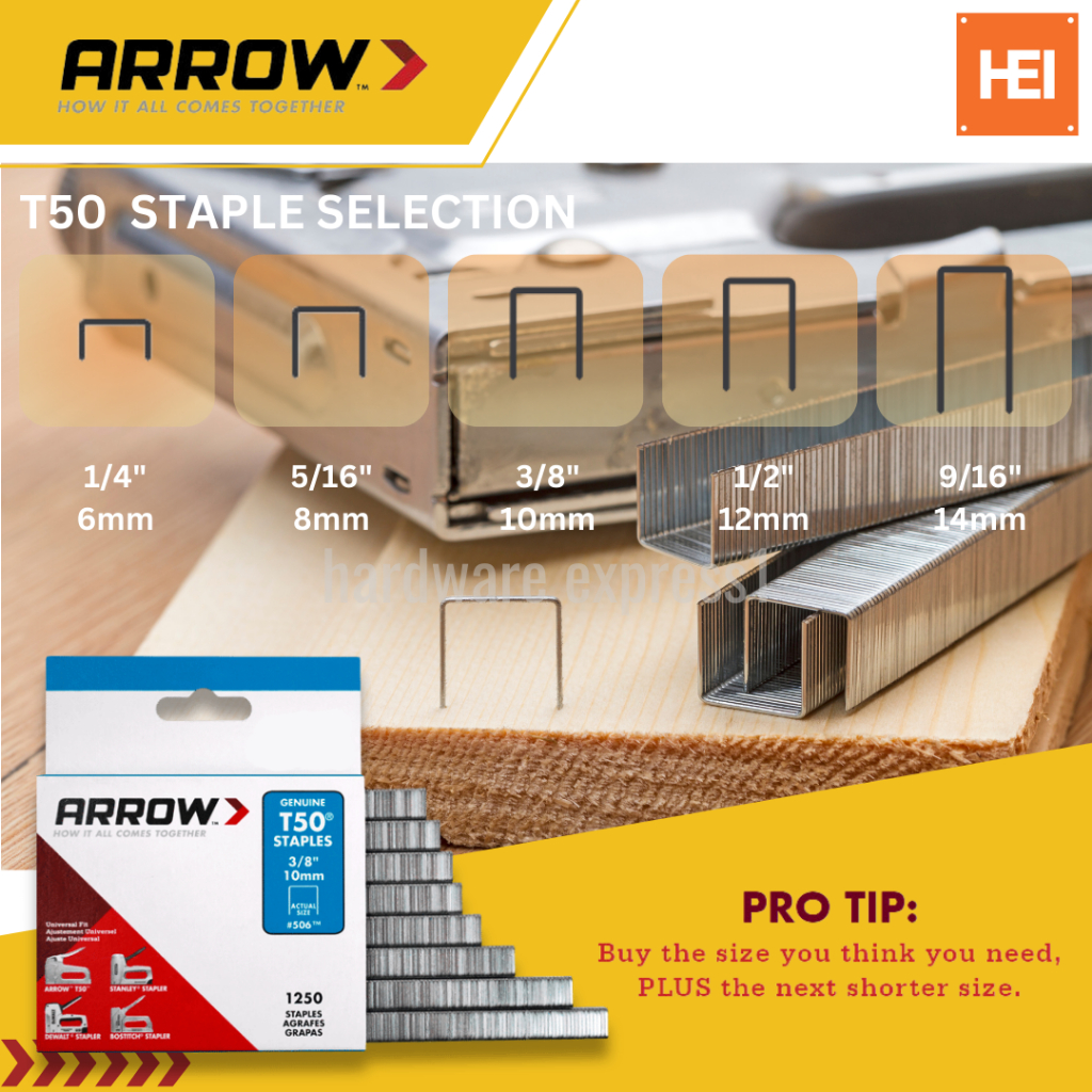ARROW Gun Tucker T50 Staples (1,250 pcs) 1/4" #504 5/16" #505 3/8" #506 ...