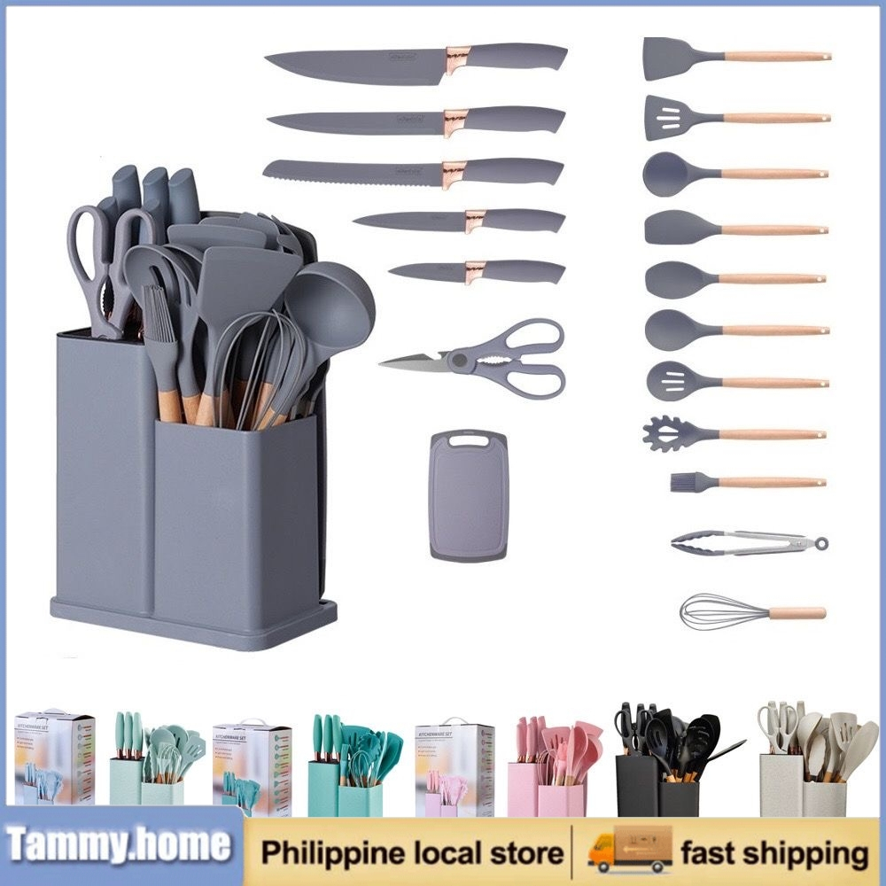 19PCS Silicone Kitchen Utensil Kitchen Knife Sets Non-stick Cooking ...