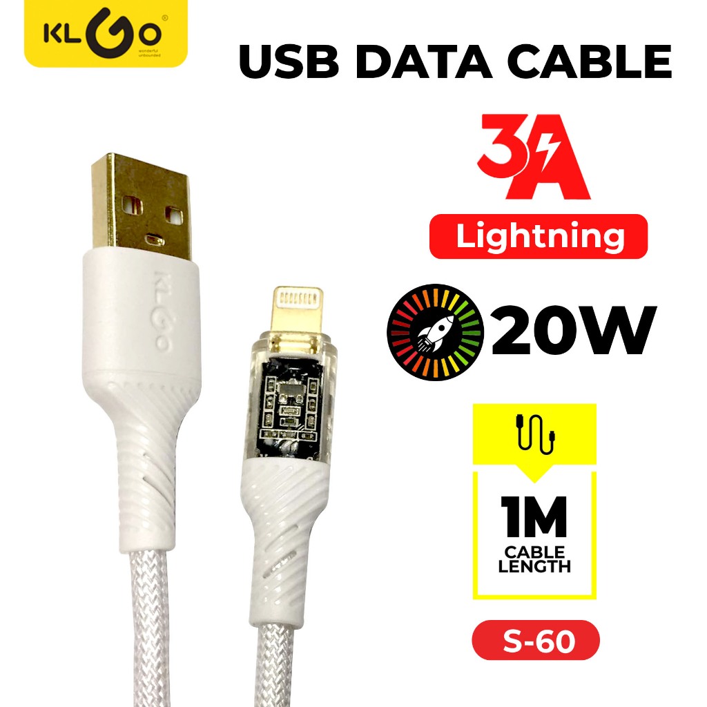 KLGO S-60 1 Meter 20W 3A IPH Fast Charging USB Data Cable Quick Charger Ultra Fast Charge ...