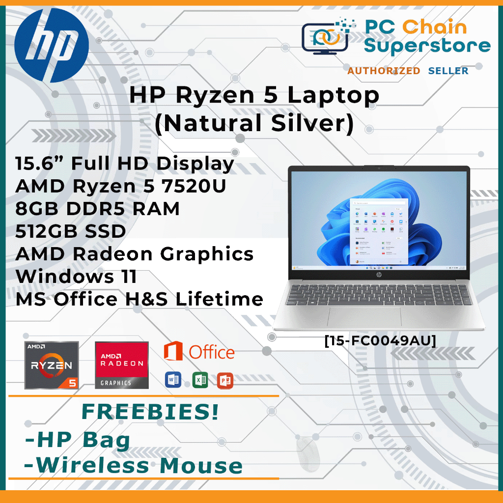 HP 15-FC0049AU (Natural Silver) Laptop - 15.6" FHD | AMD Ryzen 5 7520U ...