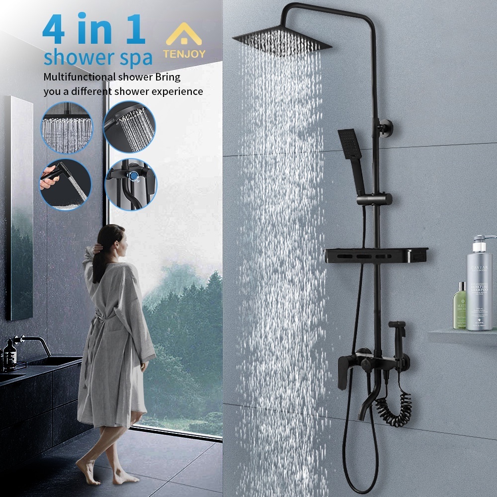 304 Stainless Steel Shower Head Black Rainfall Shower Faucet Set with Storage Shelf 3/4 in 1 ...
