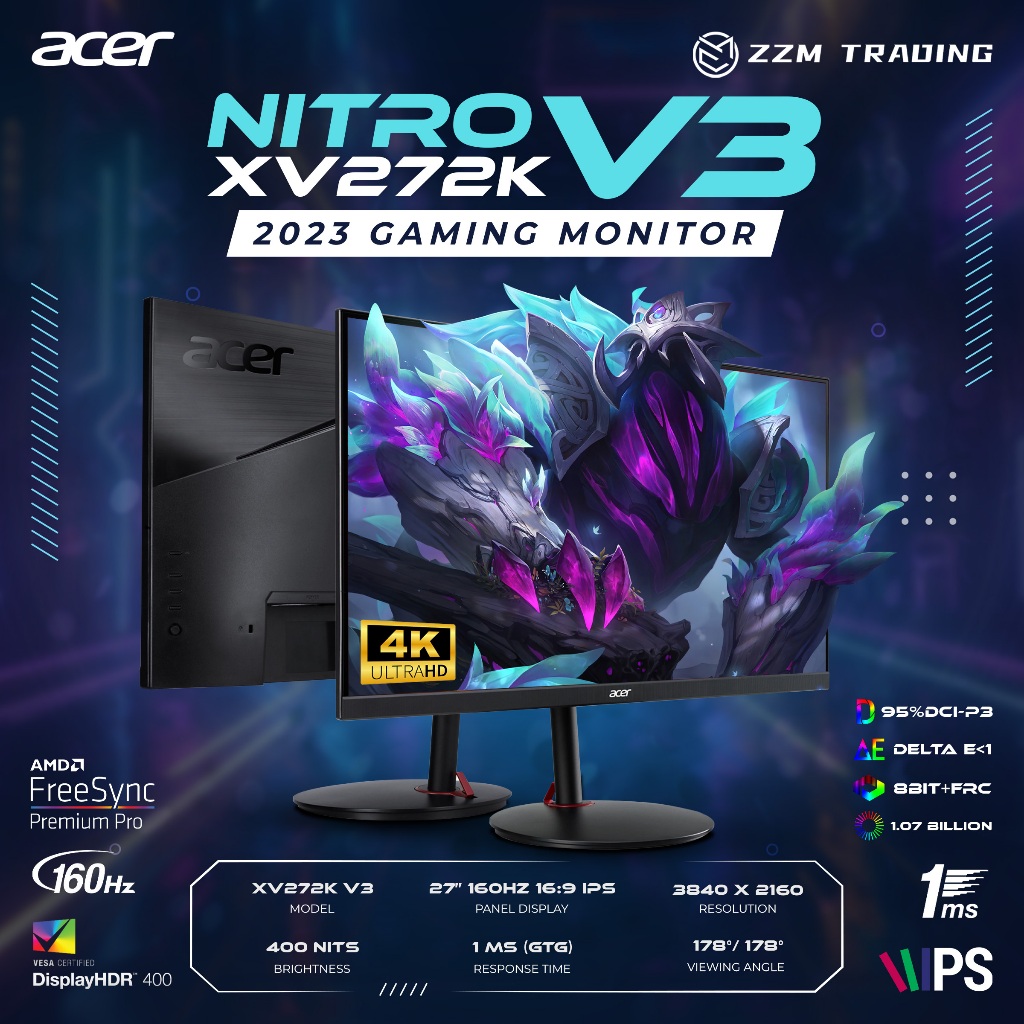Acer Nitro XV272K V3 / XV272U RV / XV272U XV2 27" WQHD/UHD 160/170/300Hz Gaming Monitors ZZM ...