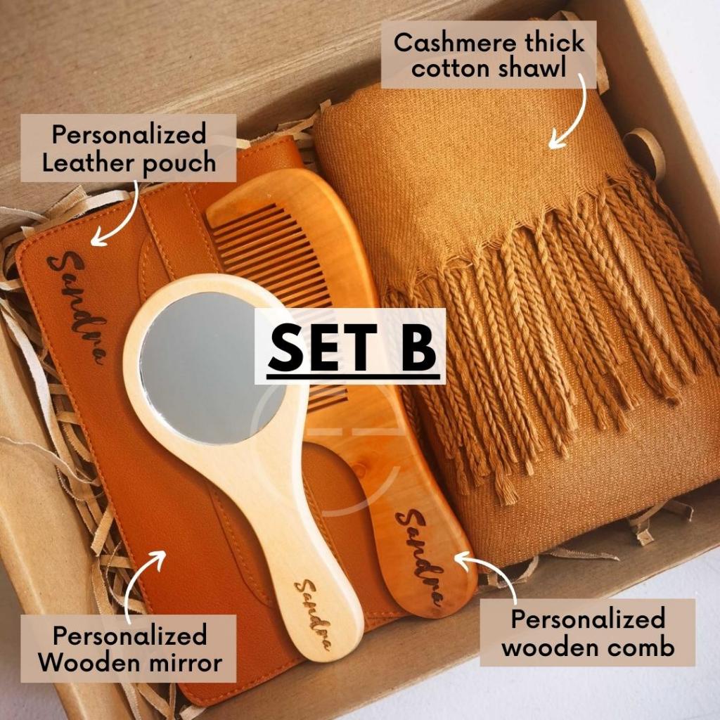 Personalized gift set hair brush mirror shawl pouch for wedding ...