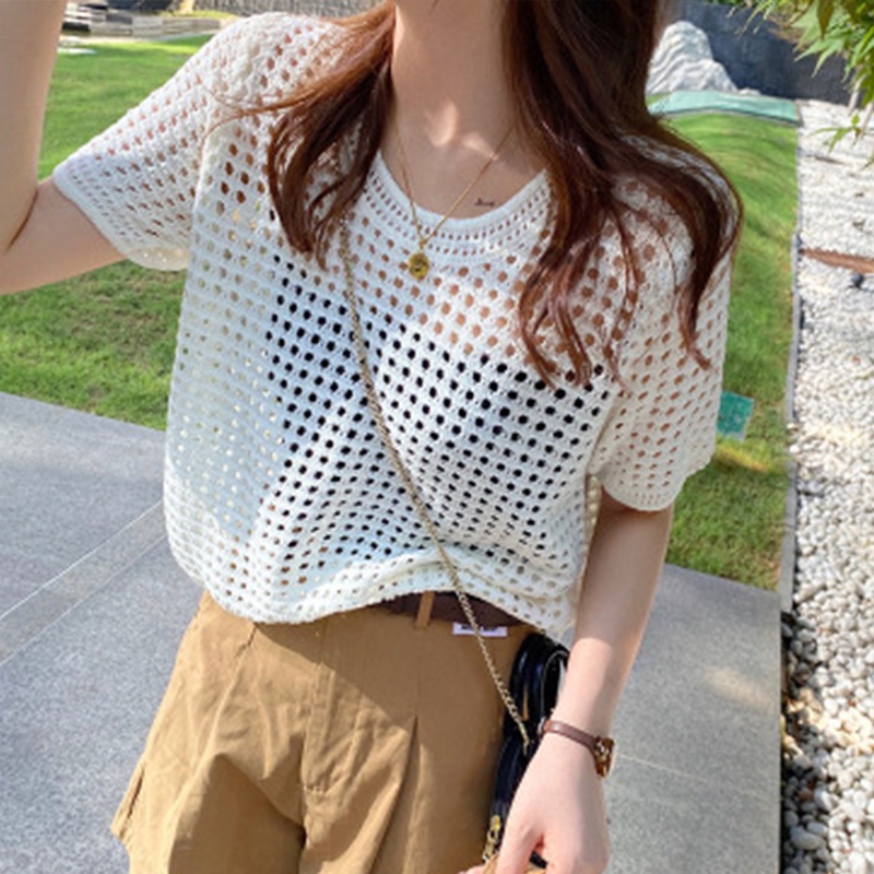 Hollow Tops for Women Summer Suspender Outer Blouse Loose Long-sleeved ...