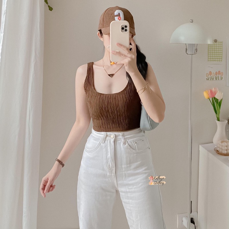 Kathryn Bark Crepe Trendy Solid Tank Crop Tops Sando for Women 11403 ...