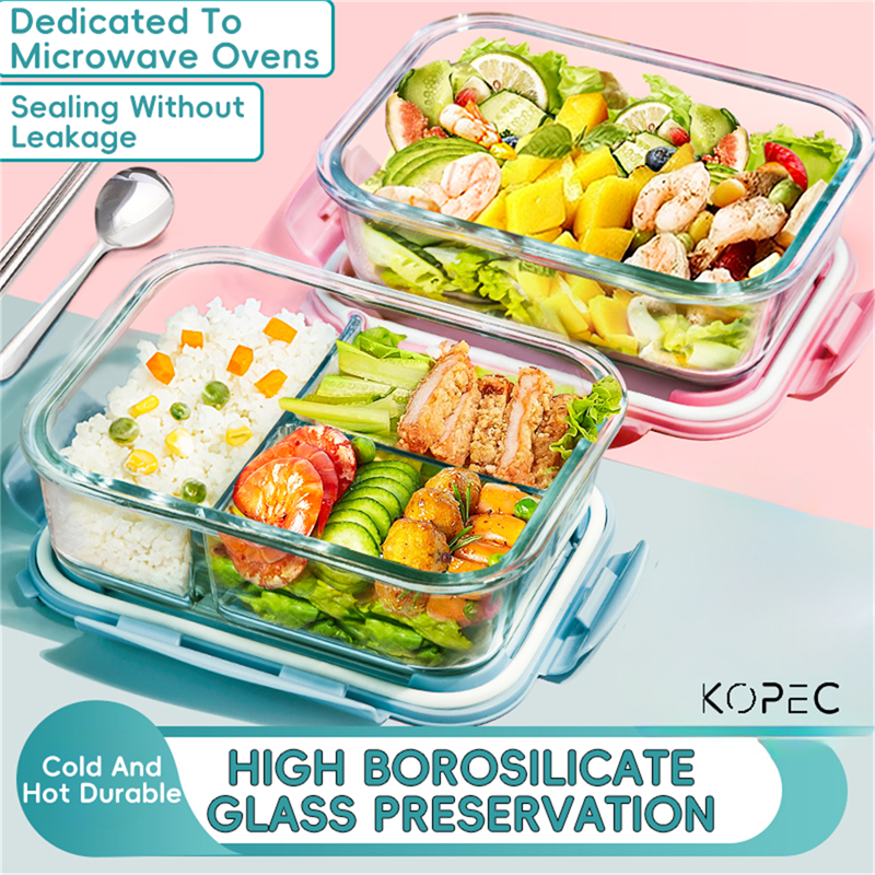 Glass Lunch Box Leak Proof Microwave Safe Lunch Bento Box With Lid 3 Dividers Food Keeper ...