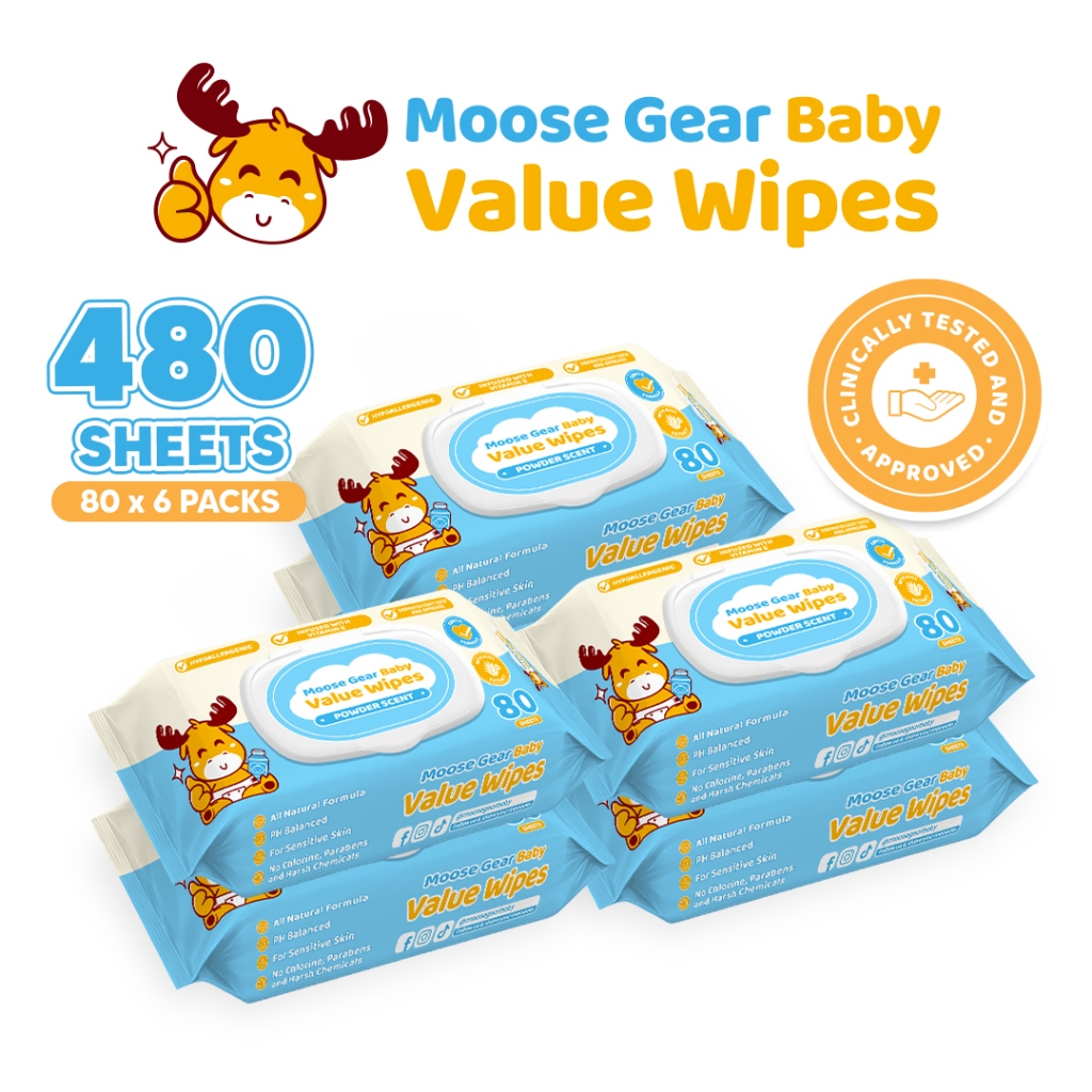 Moose Gear Baby Value Wipes Powder Scent 480s (6PACKS) Hypoallergenic w ...