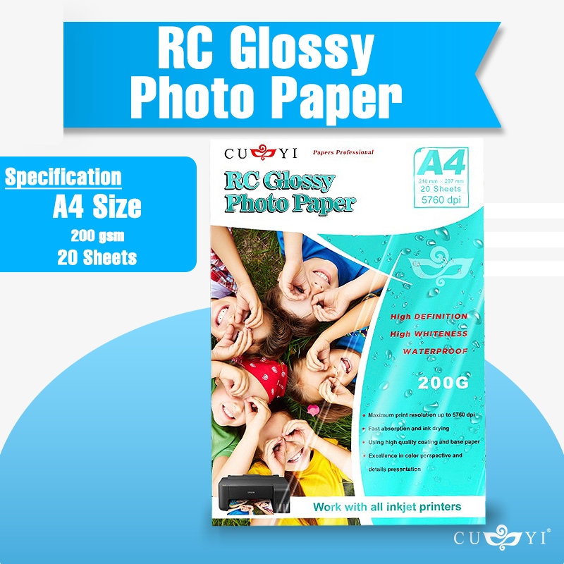 CUYI RC Glossy Photo Paper 200gsm A4 Size No Back Print Photo Paper (20 ...