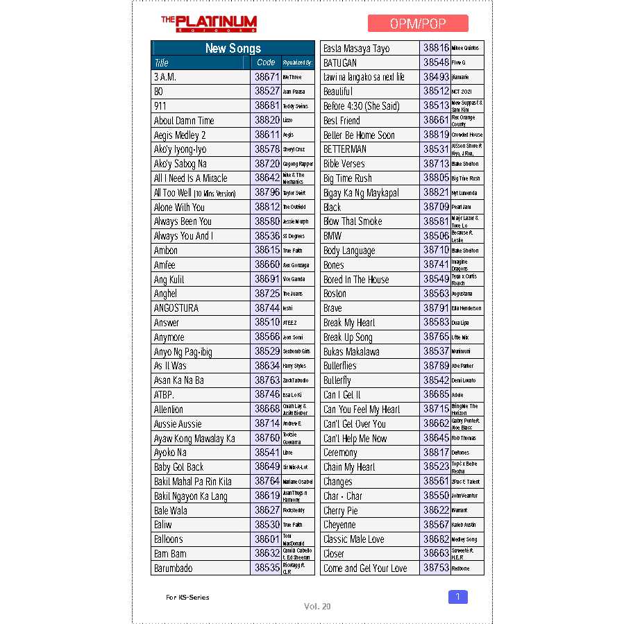 Volume 20 to 23 Song Lists of Platinum KS-1, KS-5, KS-10, KS-10 Mini and KS-100 (20 Pages ...