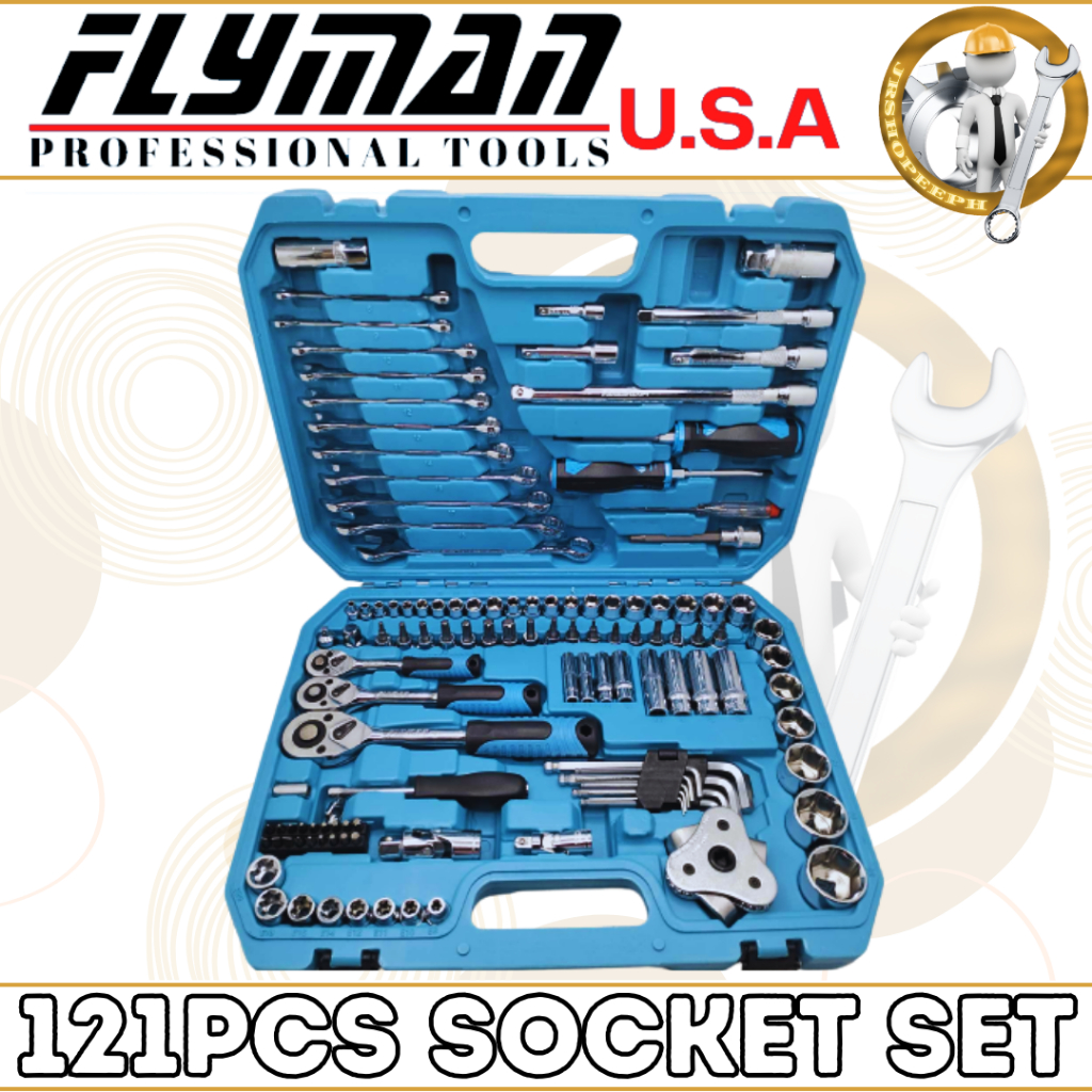 Jrshopeeph Flyman 121pcs Socket Set 1/4", 3/8", and 1/2" Drive Cr.V ...