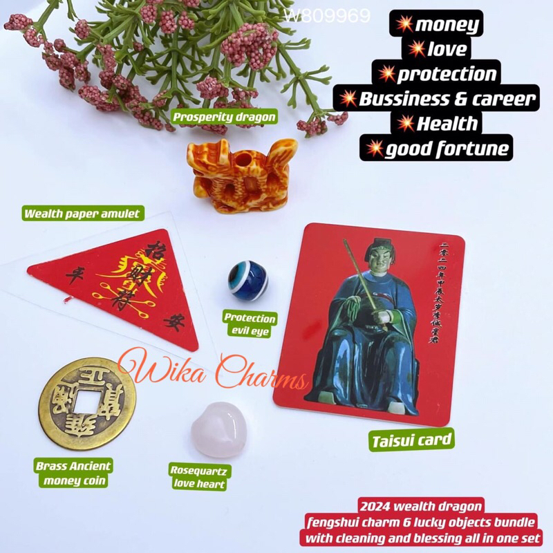 (wikacharms) 2024 wealth dragon fengshui charm 6 lucky objects bundle ...
