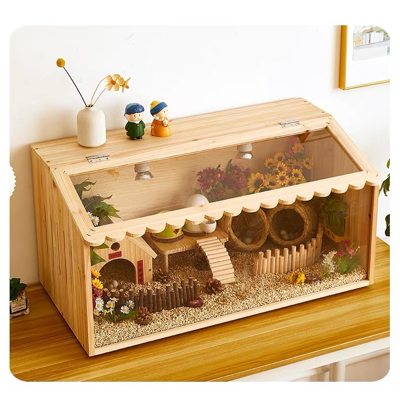 Small pet chicken, hamster wooden breeding cage pet nest panoramic view ...