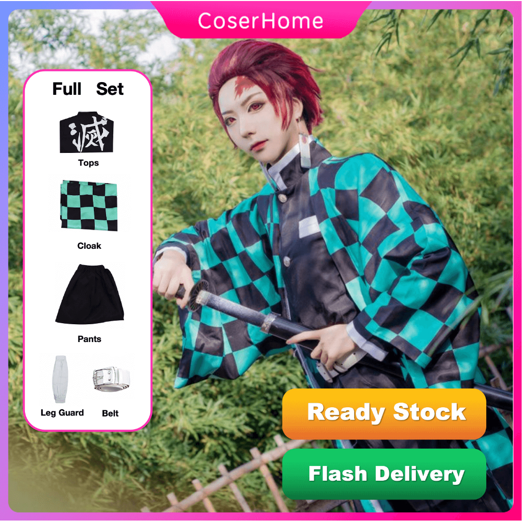 Full Set Demon Slayer Tanjiro Cosplay Costume Uniform Kids Adult Anime ...