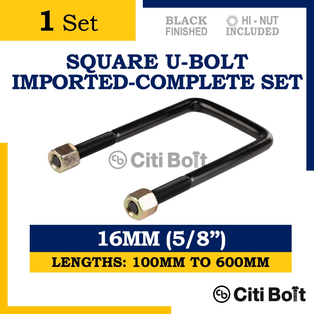 1pc Square U-Bolt Imported Complete Set / Leaf Spring SQ U Bolt Black M16 ( 16MM 5/8" ), CITI ...