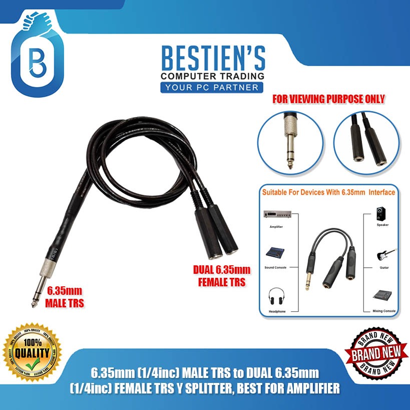 6.35mm (1/4inc) MALE TRS to DUAL 6.35mm (1/4inc) FEMALE TRS Y SPLITTER ...