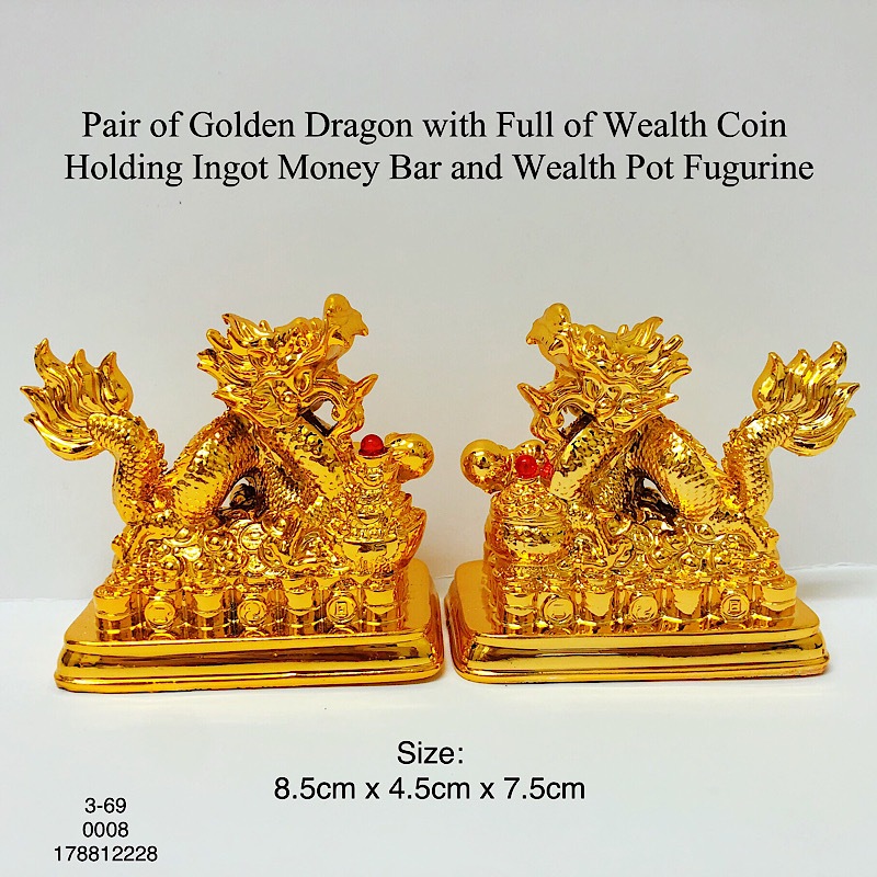 2024 Pair of Golden Dragon with Full of Wealth Coin Holding Ingot Money ...