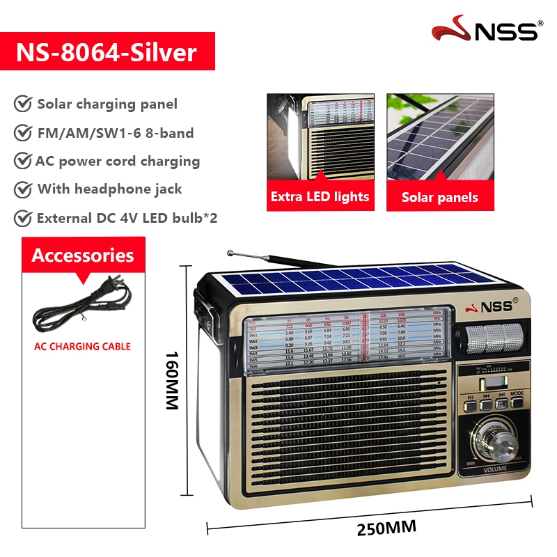 NSS Solar Radio Bluetooth Radio Rechargeable Speaker FM/AM/SW USB/TF ...