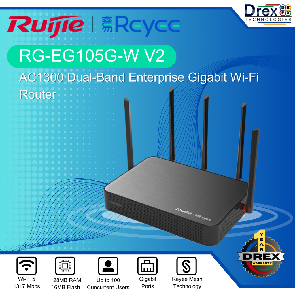 RUIJIE/REYEE (RG-EG105GW V2) 5-Port Gigabit AC1300 Dual Band Enterprise-Grade Wi-Fi Router ...
