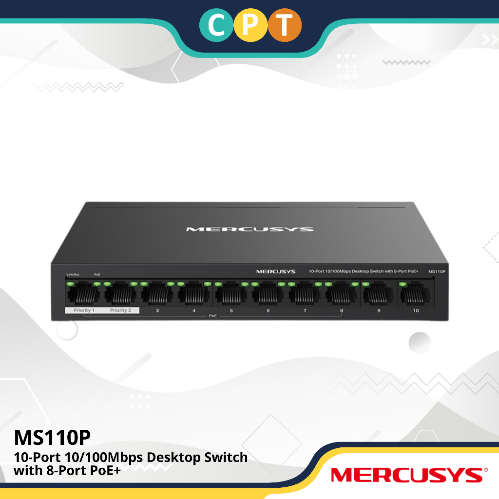 Mercusys MS110P 10-Port 10/100Mbps Desktop Switch with 8-Port PoE+ ...