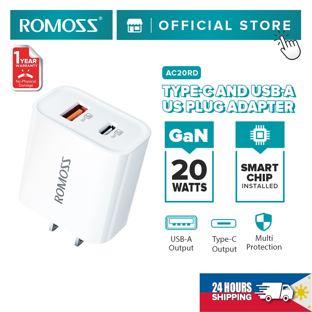 Romoss AC20RD Fast Charger + PD 20W US Plug Adapter Quick Charge 4.0 3. ...