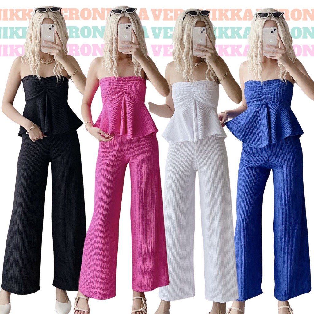 Veronikka Arrah Flowy Tube Top and Wide Leg Pants Bark Crepe Terno | XS ...