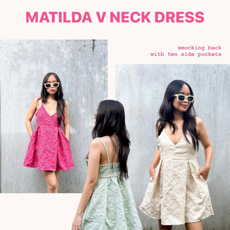90SHOPMNL MATILDA V NECK EMBOSSED DRESS WITH 2 SIDE POCKETS | Shopee ...