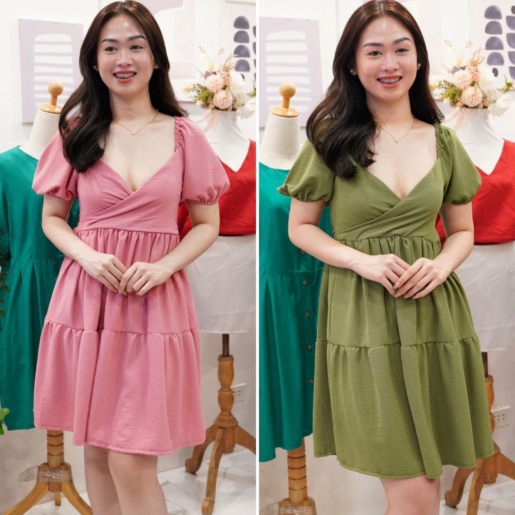 Yaree.Co Martha Puff Sleeves Overlap Midi Dress | Shopee Philippines