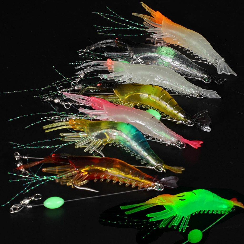 Soft Fishing Luminous Shrimp Lure with Hook Swivel Beads Artificial Silicone Glow 9cm 6g 1/7pcs ...