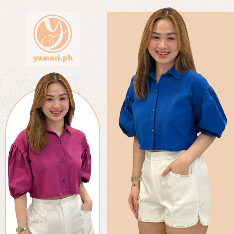 Yamari.PH Trendy Puff Sleeves Buttondown Polo Crop Top | ALESSI | Shopee Philippines