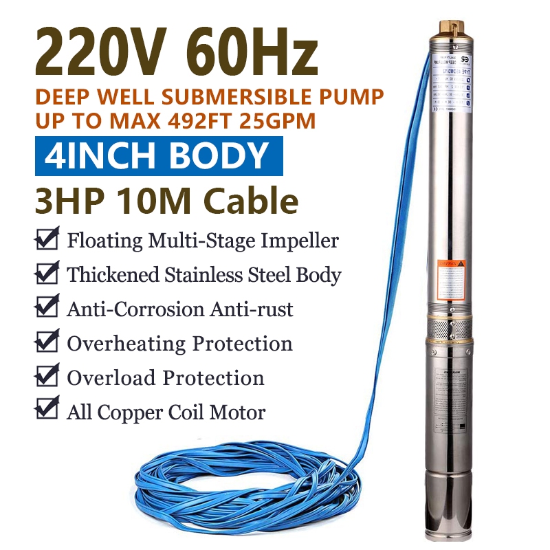 220V Deep Well Submersible Pump 3HP 4'' Case Water Pump 492ft 25GPM ...