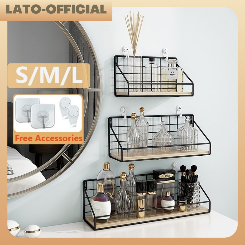 Storage Rack Wall Shelf Rack Wooden Metal Wall Mounted No-Punching Home ...