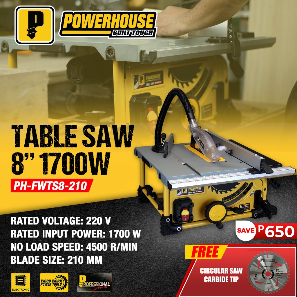 POWERHOUSE Cutting Portable Table Saw Machine for wood 8" 1700W Heavy ...