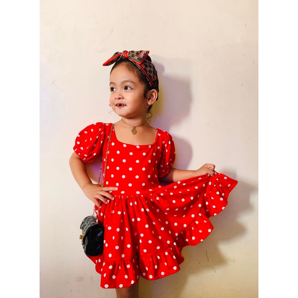 Ica puff polka dot bubble sleeve dress for kids adult twinning mommy ...